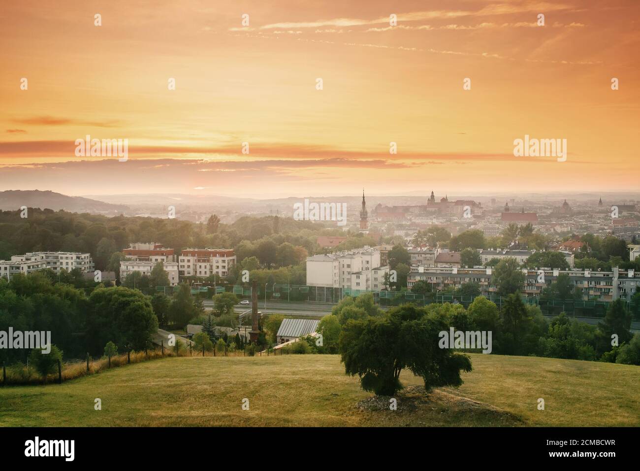 View on Krakow city landscape at the sunset from the Krakus (Krak ...