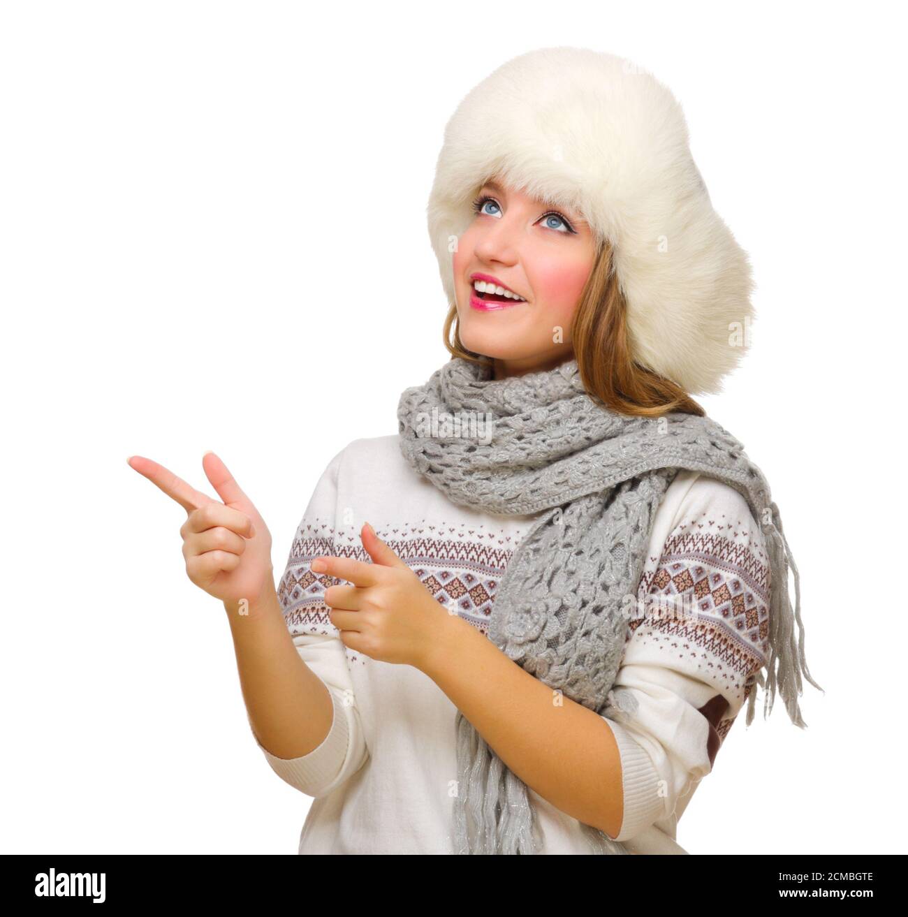Young girl shows pointing gesture isolated Stock Photo - Alamy