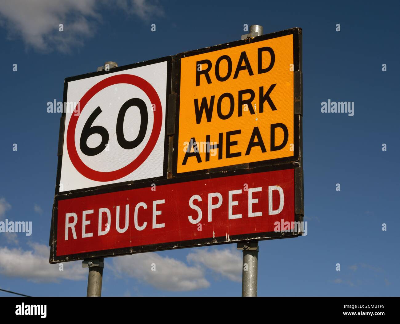 Road Work, Reduce Speed warning sign Stock Photo - Alamy