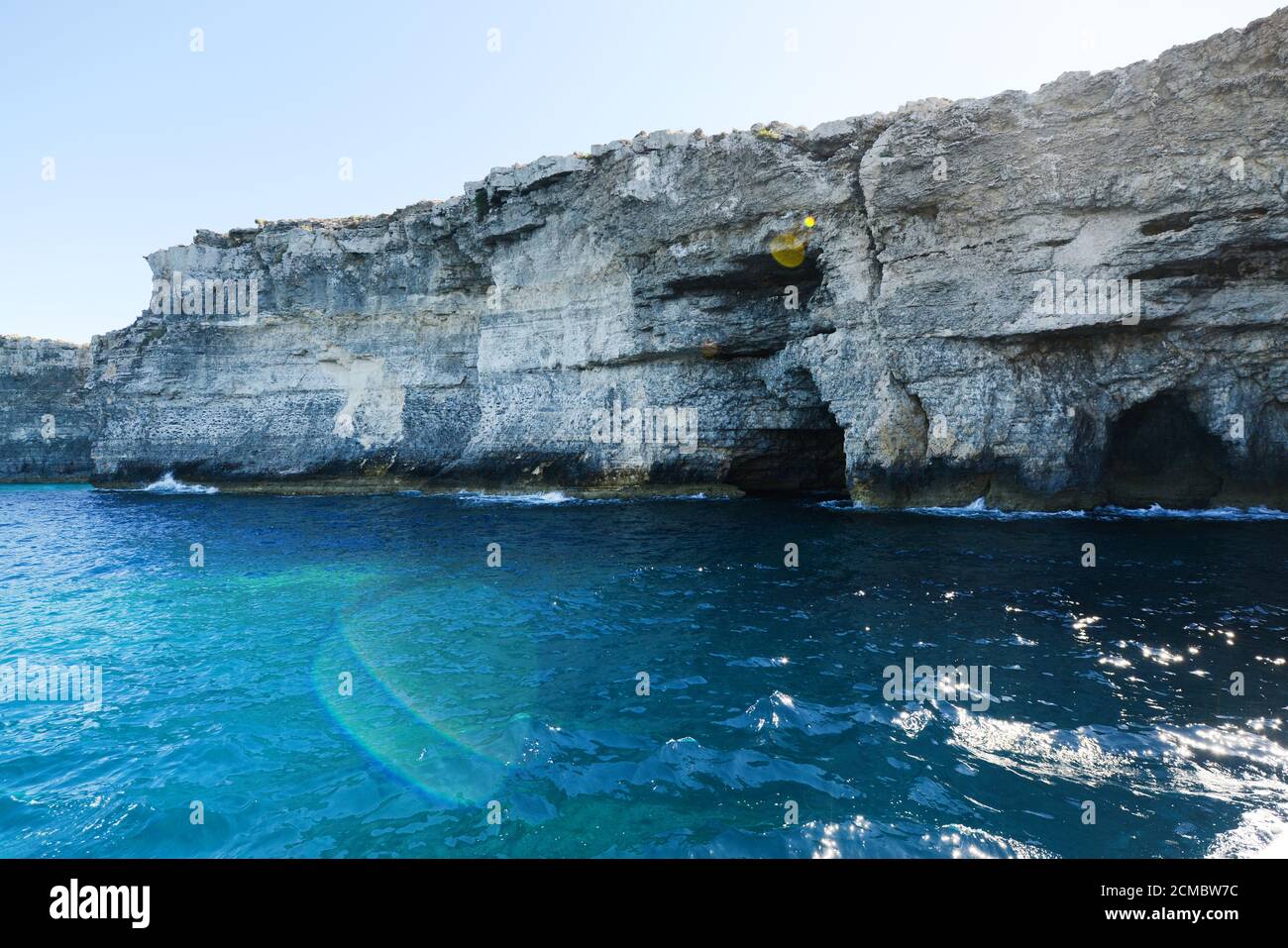 The rocky coastline around Santa Maria Caves in Comino, Malta Stock ...
