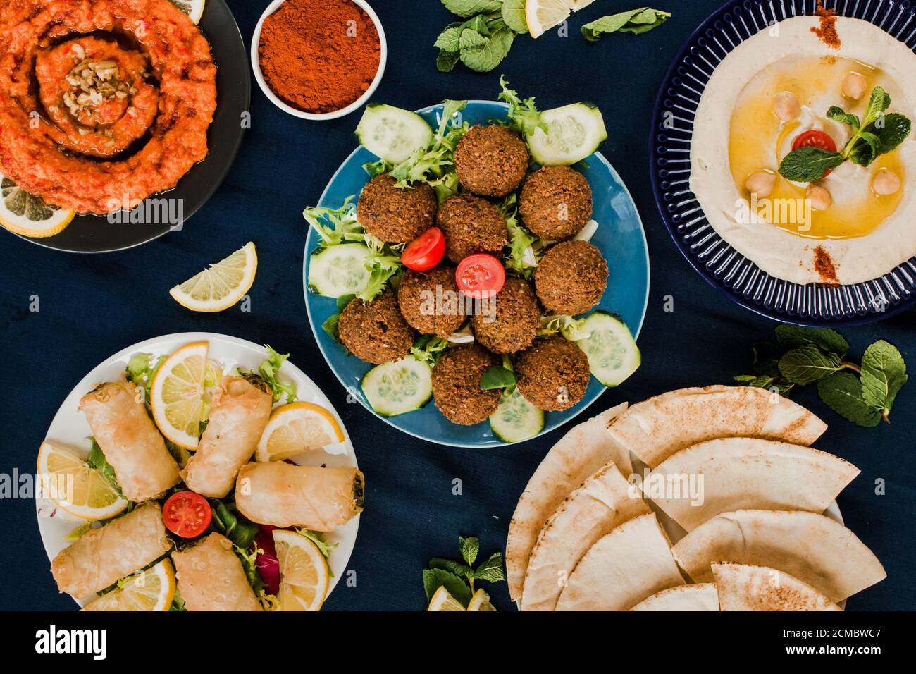 Muhammara, falafel and hummus with pita bread, vegan arabic food Stock ...