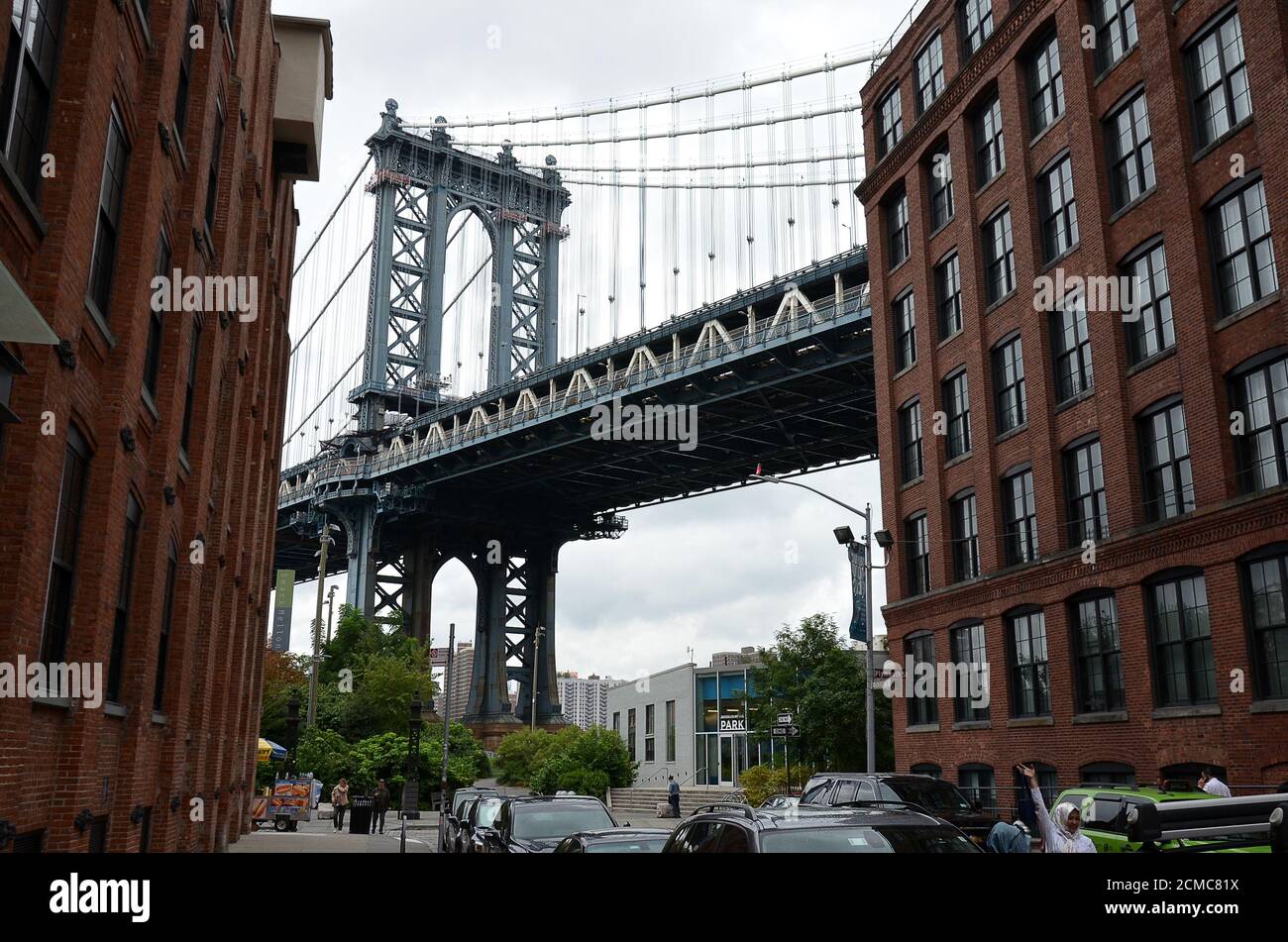 New York City: Manhattan Bridge close view from Brooklyn Stock Photo ...