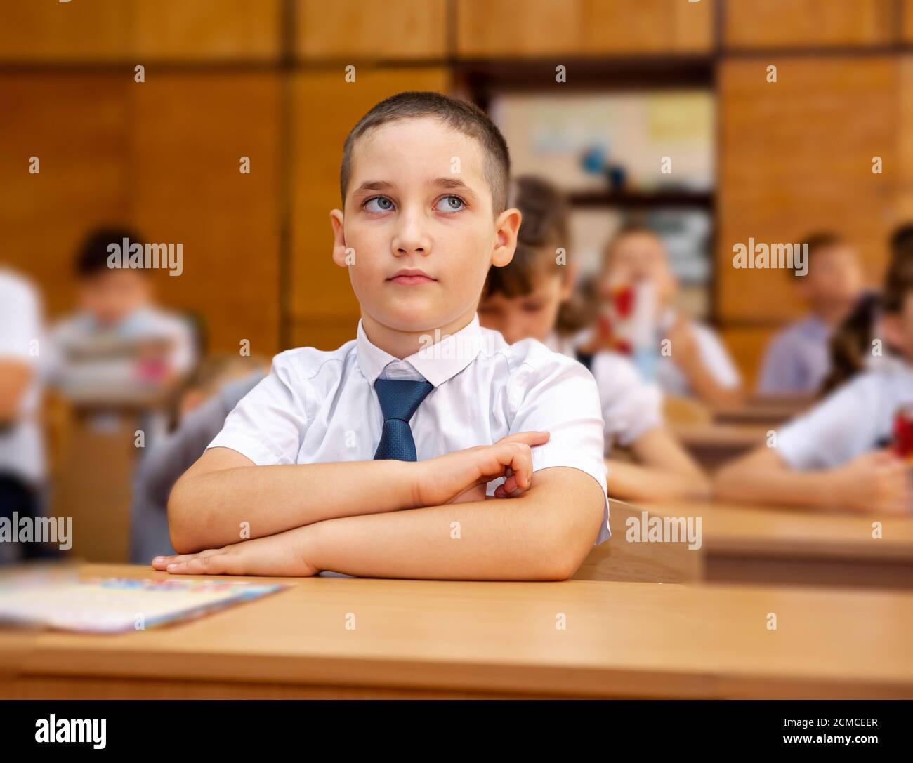 Happy schoolchildren writing a dictation on a class at school Stock ...