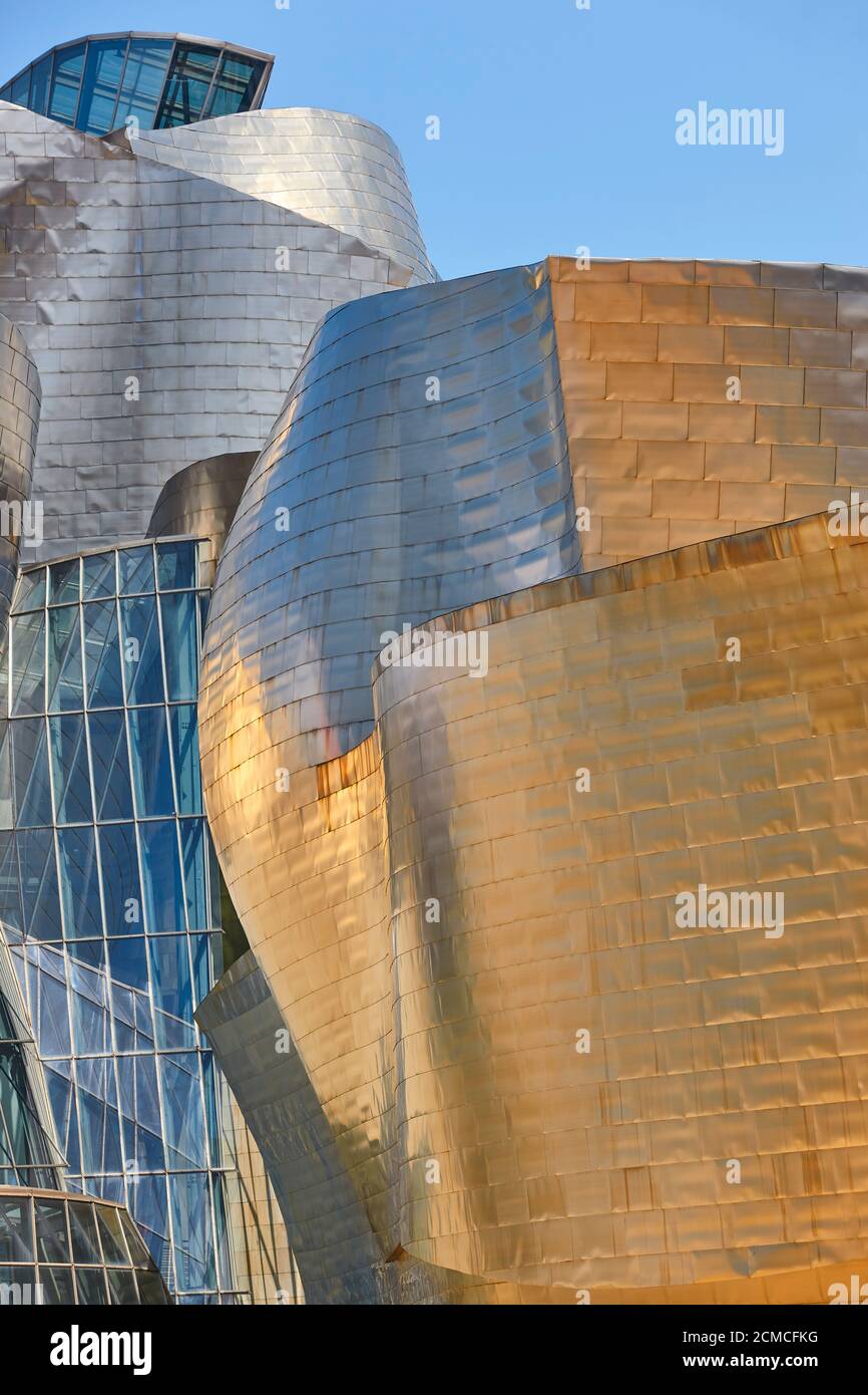 Bilbao downtown Guggenheim museum titanium metallic facade. Cultural ...