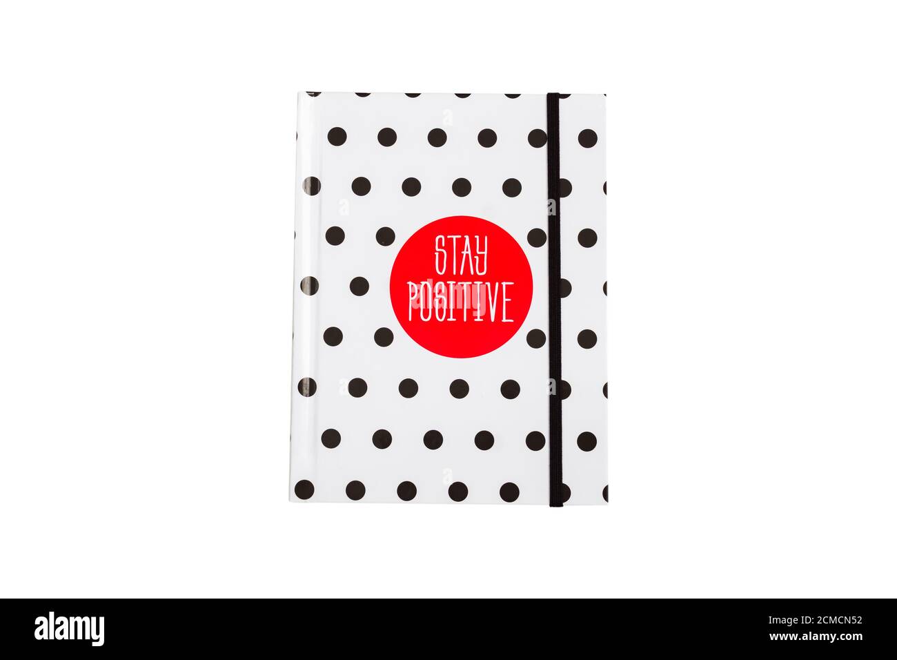 Black and white polka dot note book with red circla and stay positive ...