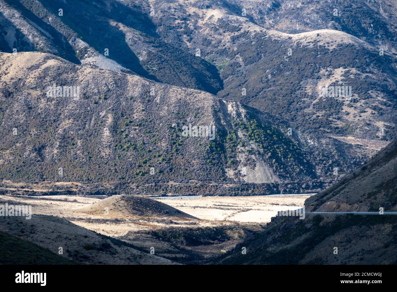 Flat valley between mountains, near Castle Hill, Canterbury, South ...