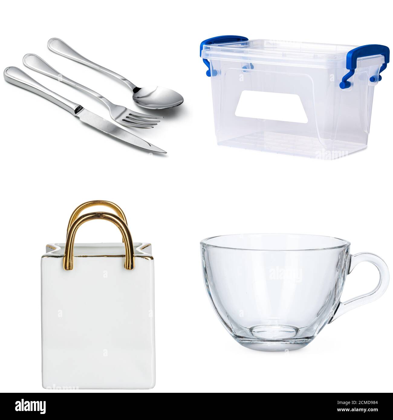 Collage of kitchen utensils isolated on white Stock Photo - Alamy