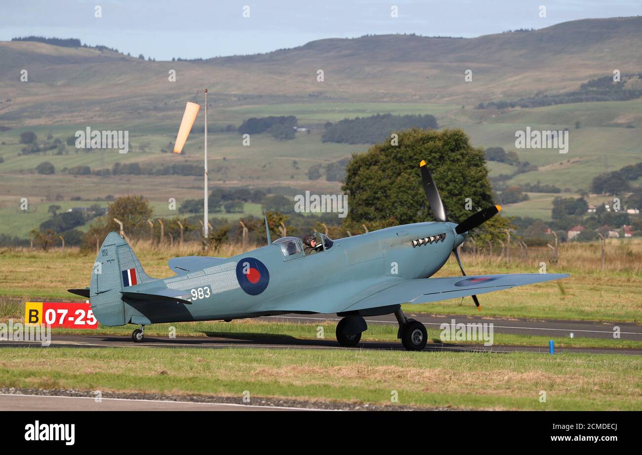 Pilot John Romain with "Thank You NHS" Spitfire at Cumbernauld Airport ...
