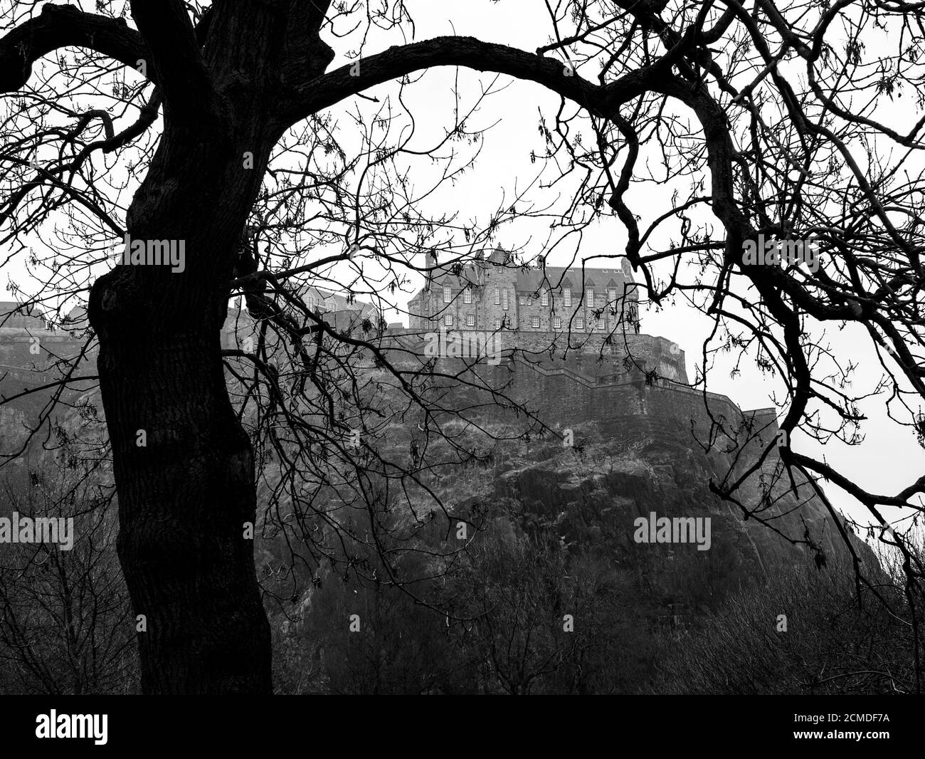 Edinburgh castle view from below in black and white Stock Photo - Alamy