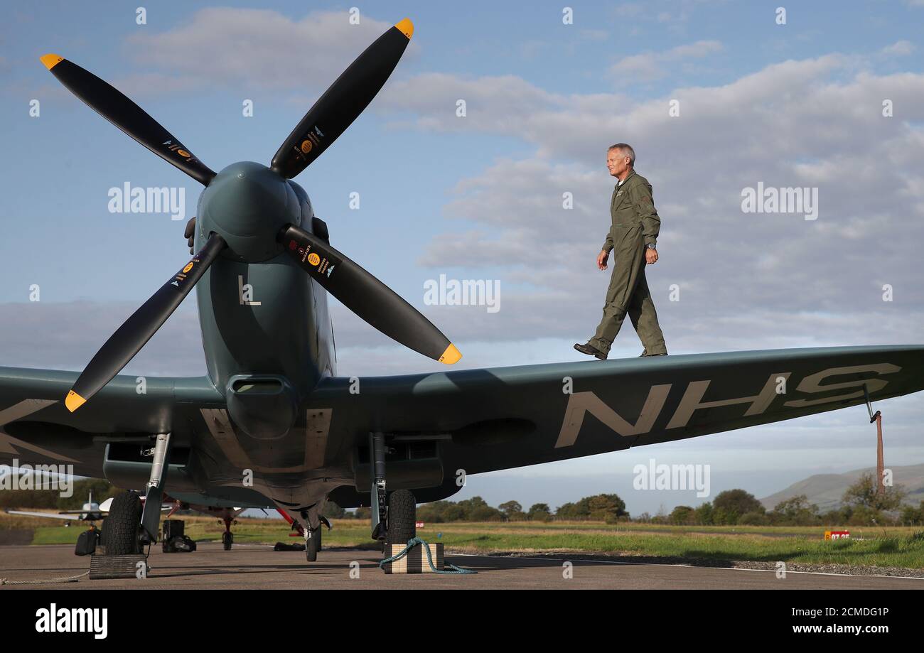 Pilot John Romain with the "Thank You NHS" Spitfire at Cumbernauld ...