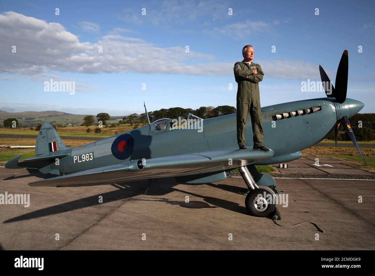 Pilot John Romain with the "Thank You NHS" Spitfire at Cumbernauld ...
