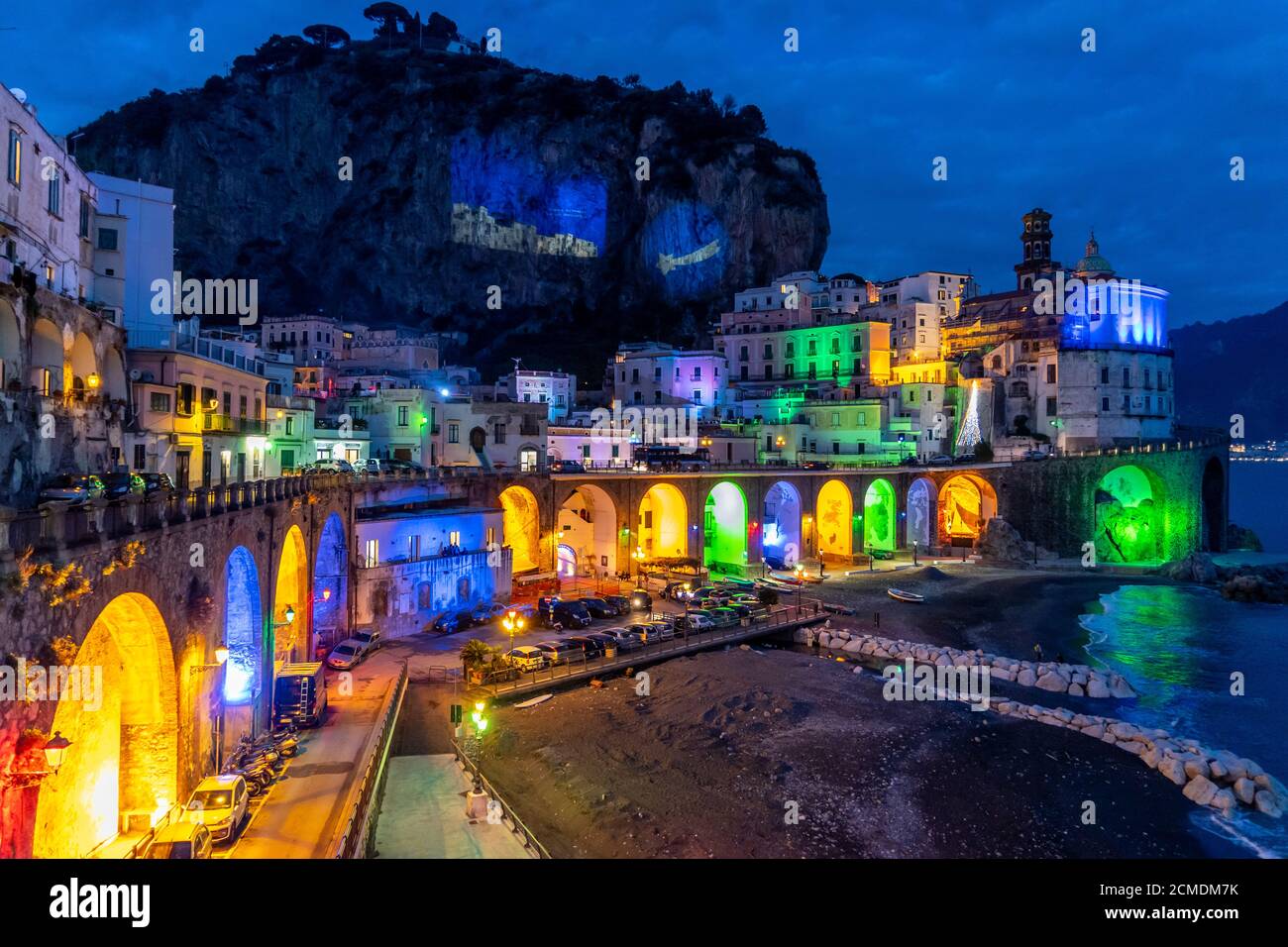 Atrani, Amalfi Coast, Italy, December 2019: Colored Christmas lights in ...