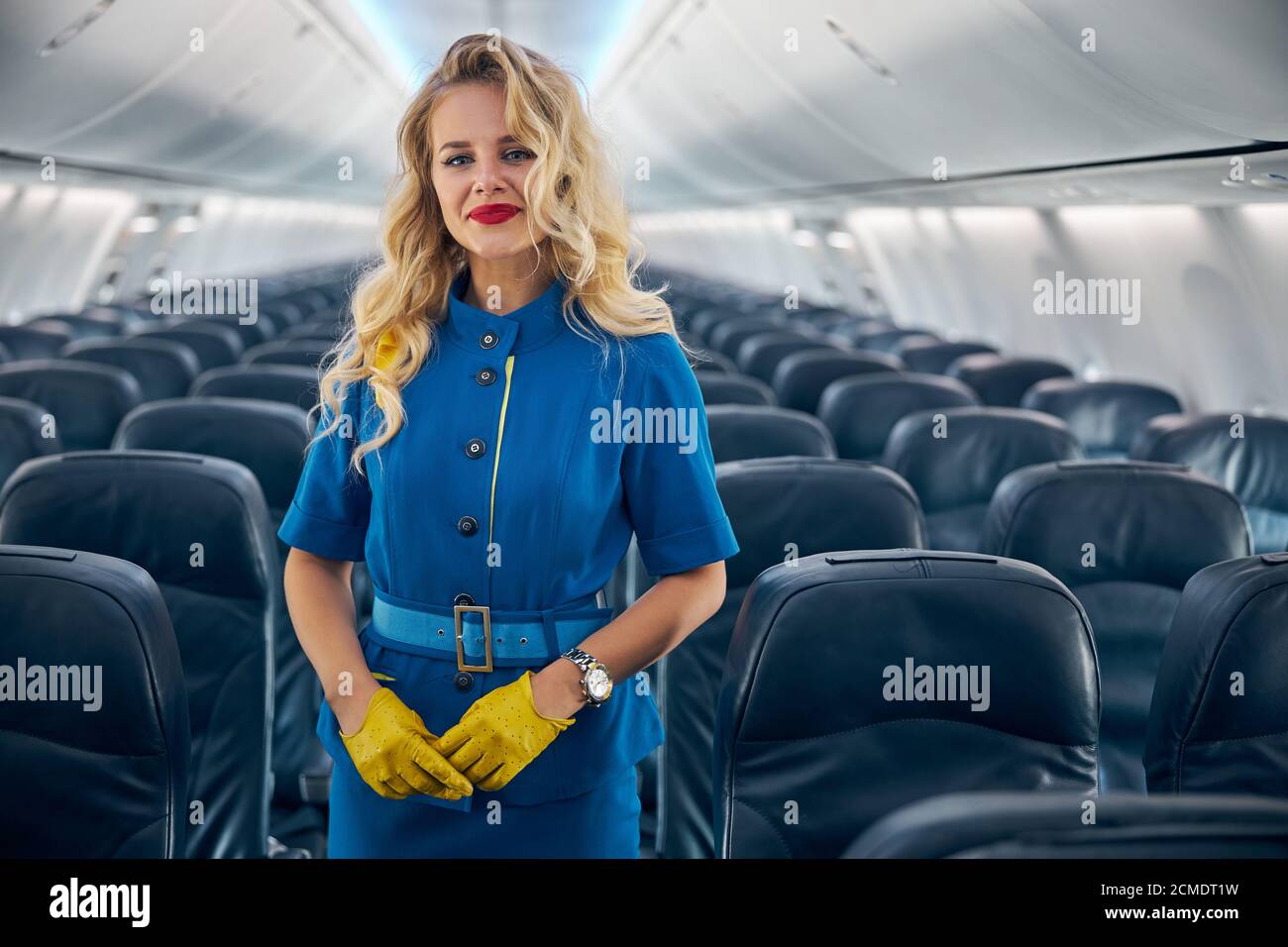 Charming blonde air hostess standing in the empty salon of aircraft ...