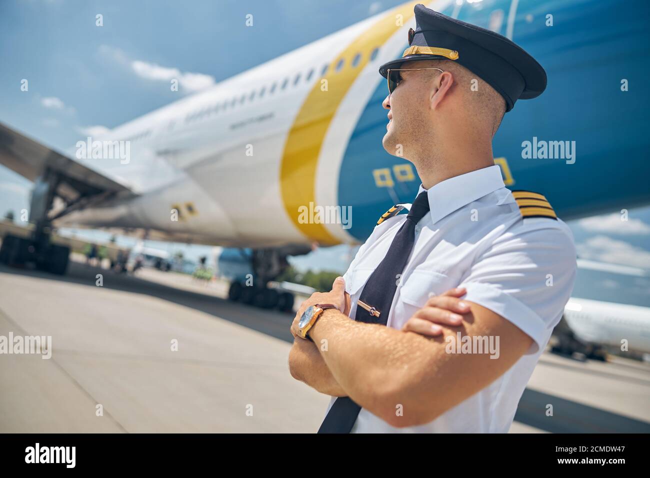 Handsome male pilot standing by plane at airfield Stock Photo - Alamy