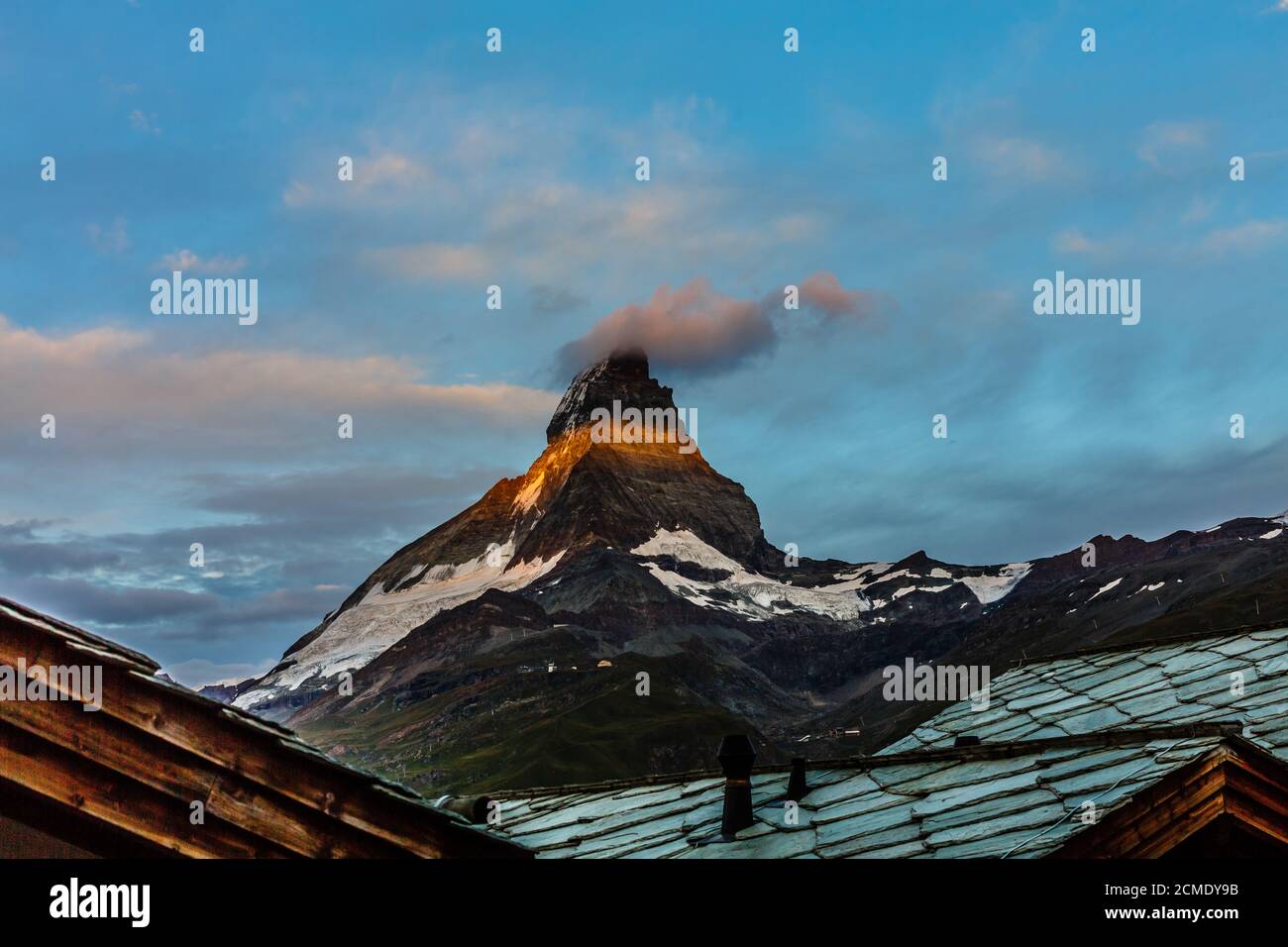 Sunny summer morning in Zermatt village with Matterhorn peak on ...