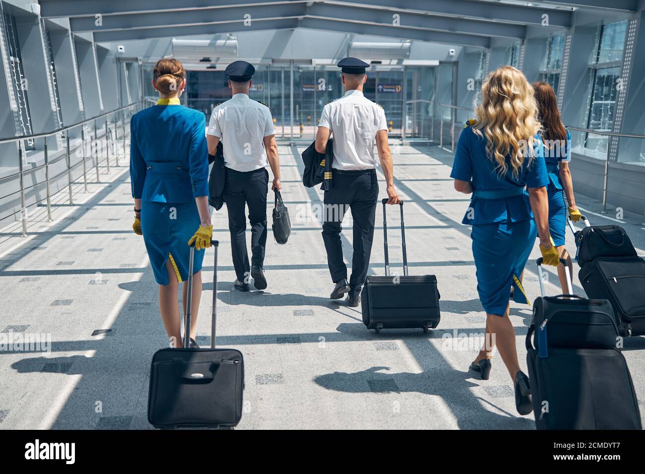 Airline workers carrying travel suitcases at airport terminal Stock ...
