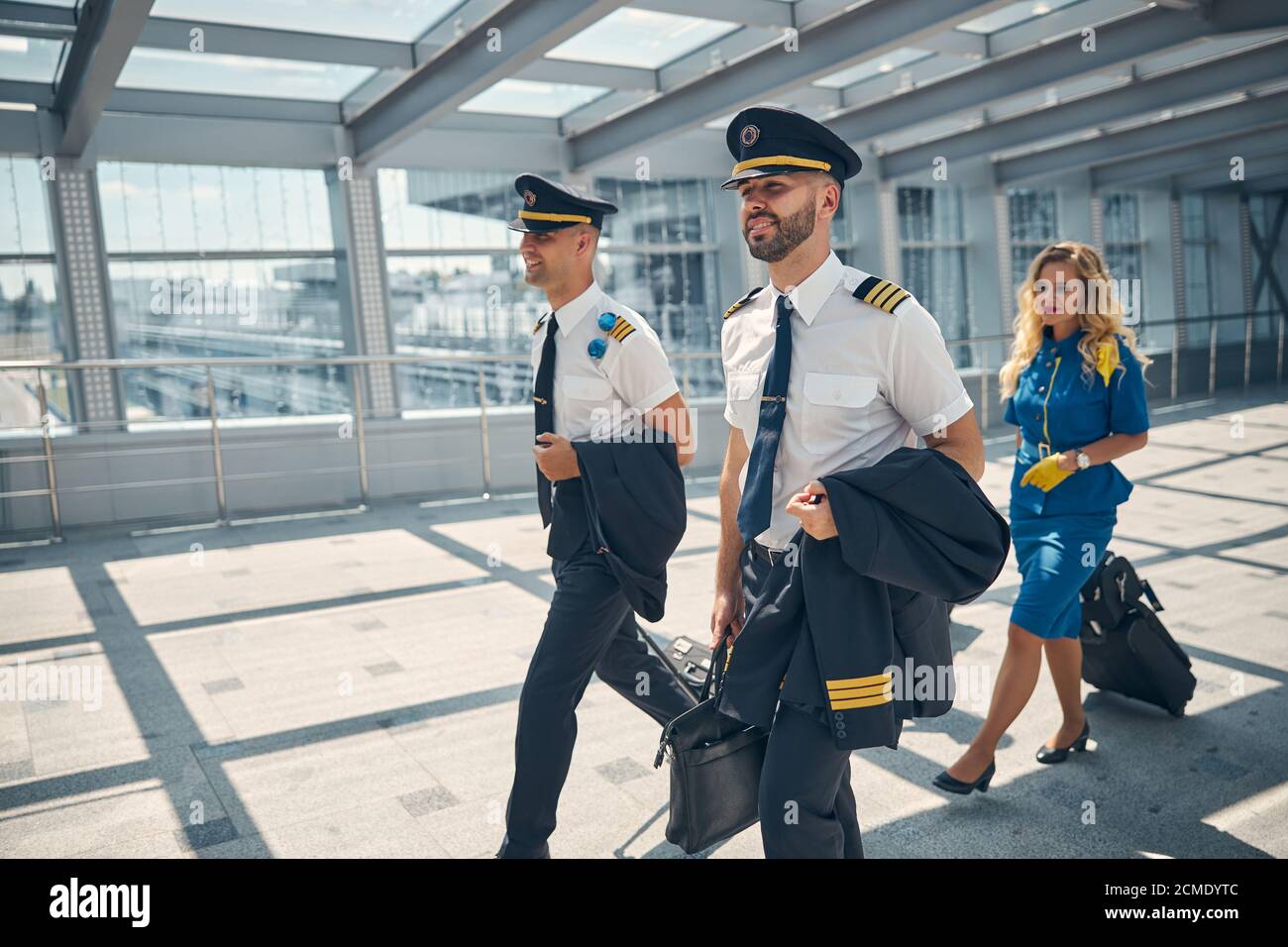 Cheerful pilots and stewardess walking through airport terminal Stock ...