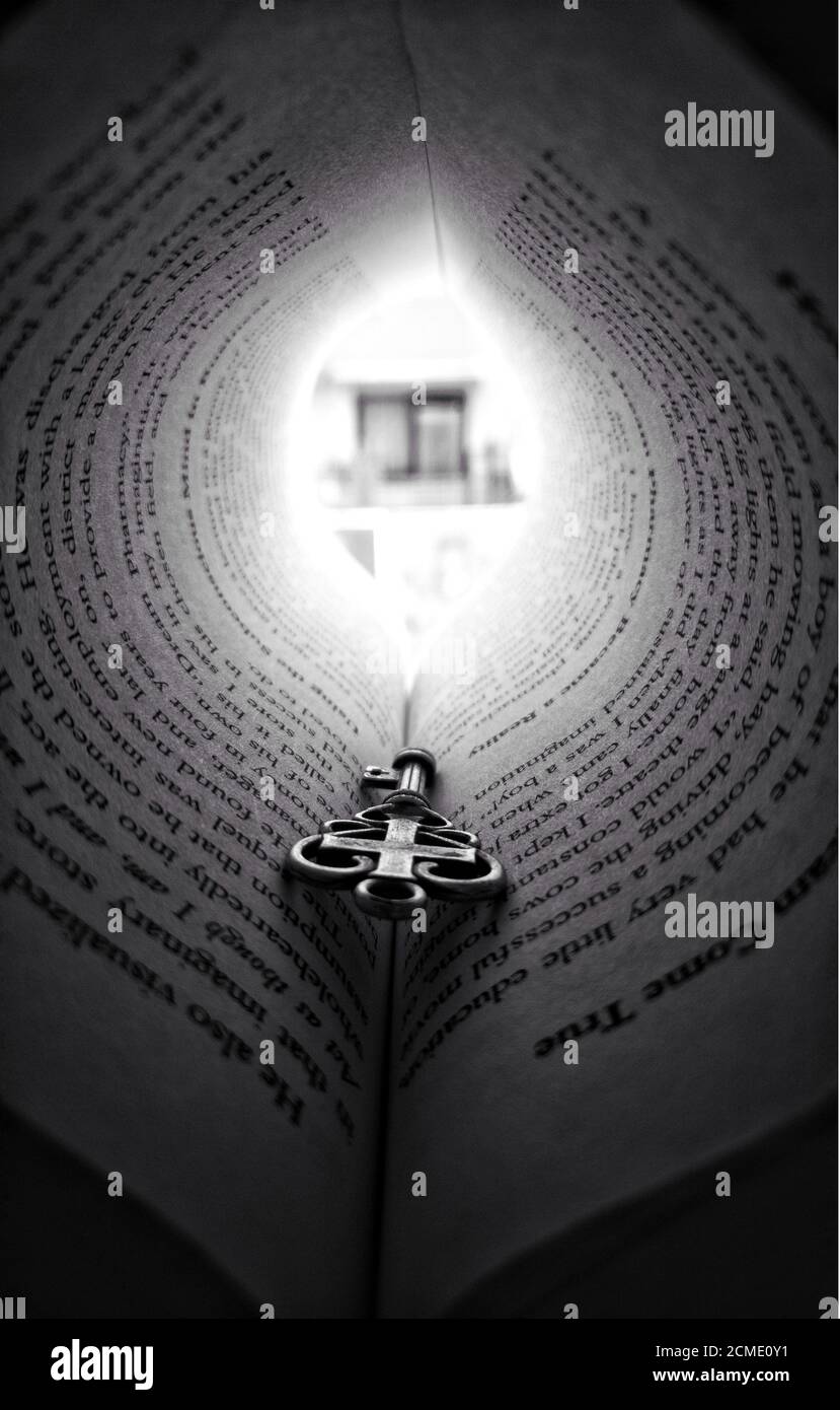 Vertical shot of key on an open book Stock Photo - Alamy