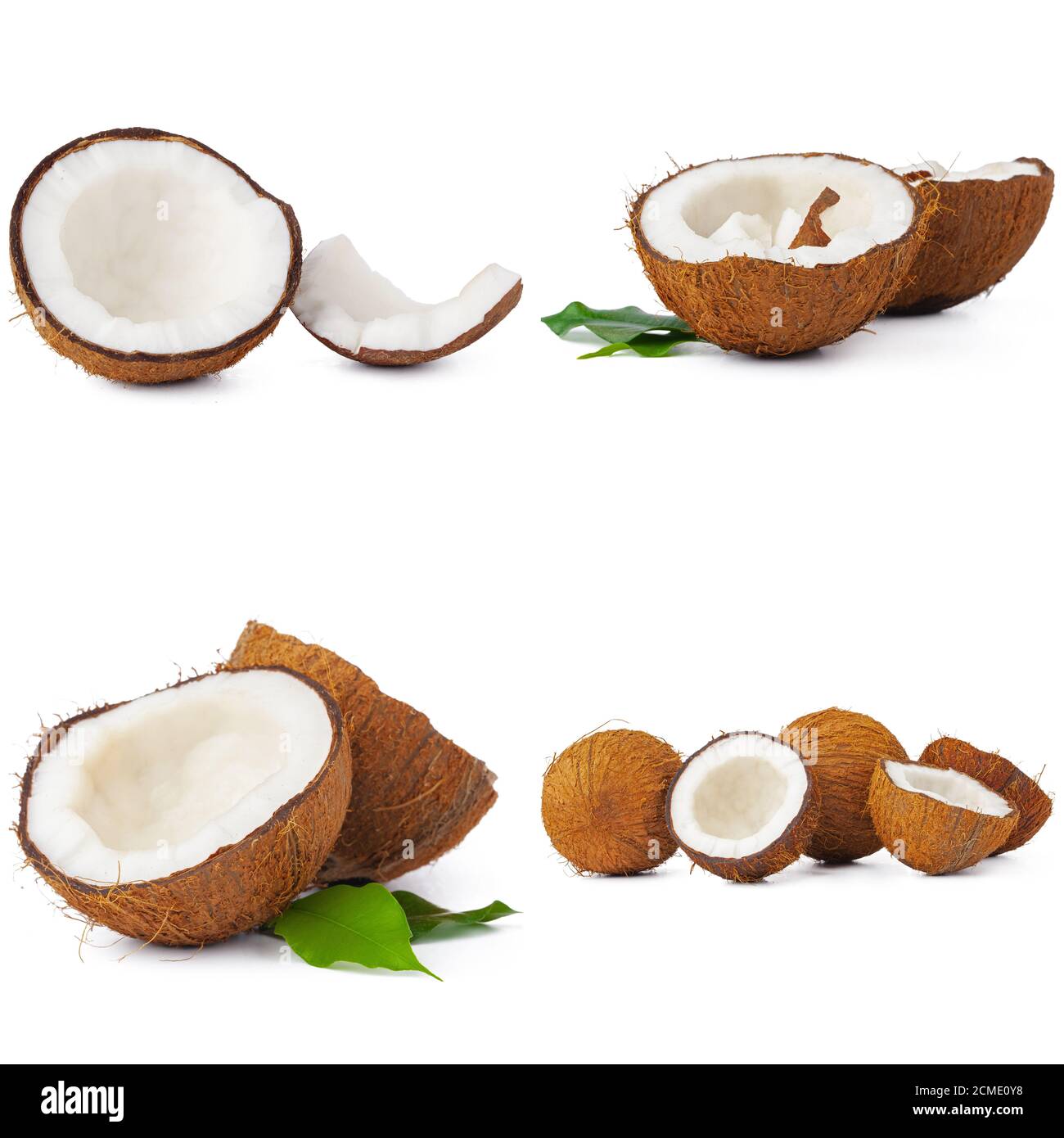 Collage of broken coconut pieces isolated on white background Stock ...