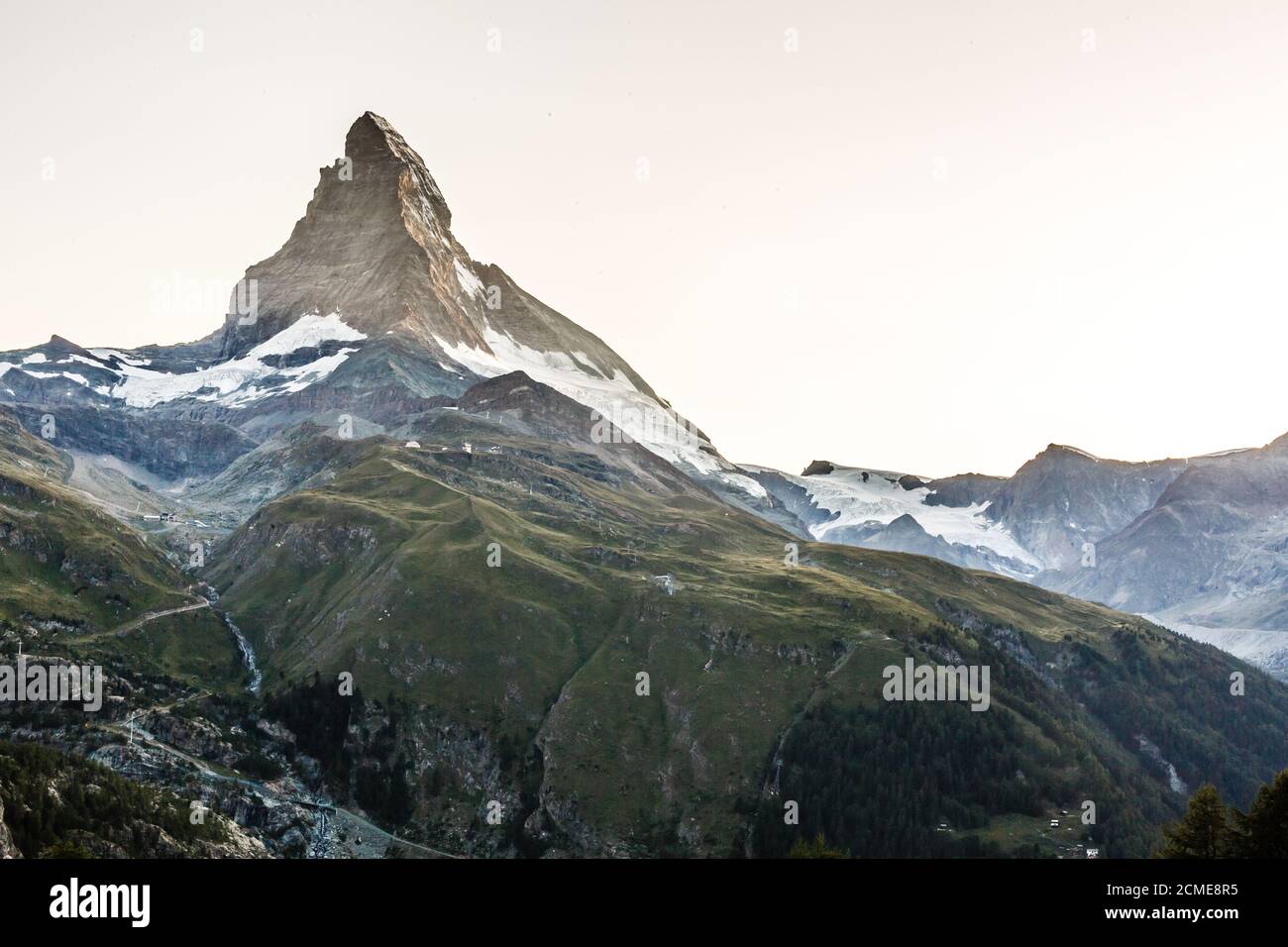 Sunny summer morning in Zermatt village with Matterhorn peak on ...