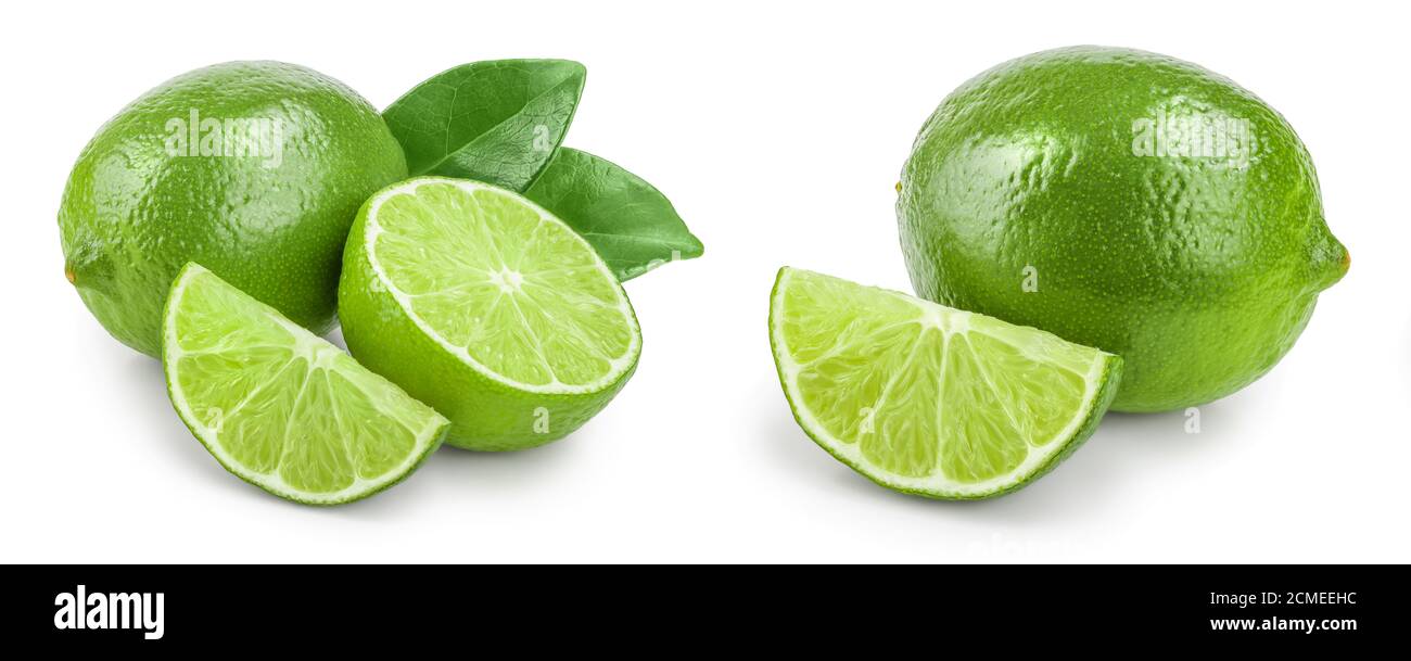 lime with half and leaf isolated on white background. Set or collection ...