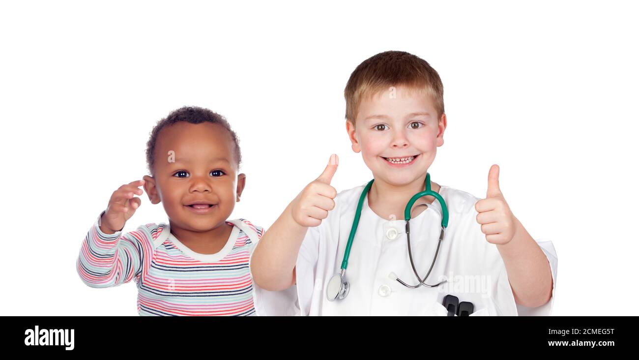 Little doctor saying Ok with a cute patient isolated on a white ...