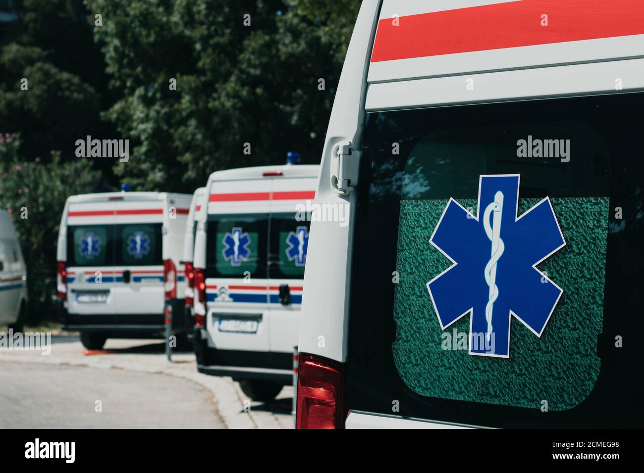 Multiple white ambulance vans parked together in Split, Croatia amid ...