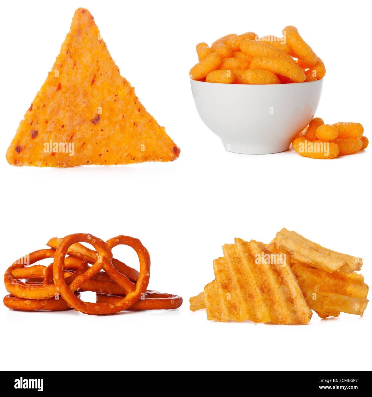 Salty snacks isolated on white background collage Stock Photo - Alamy