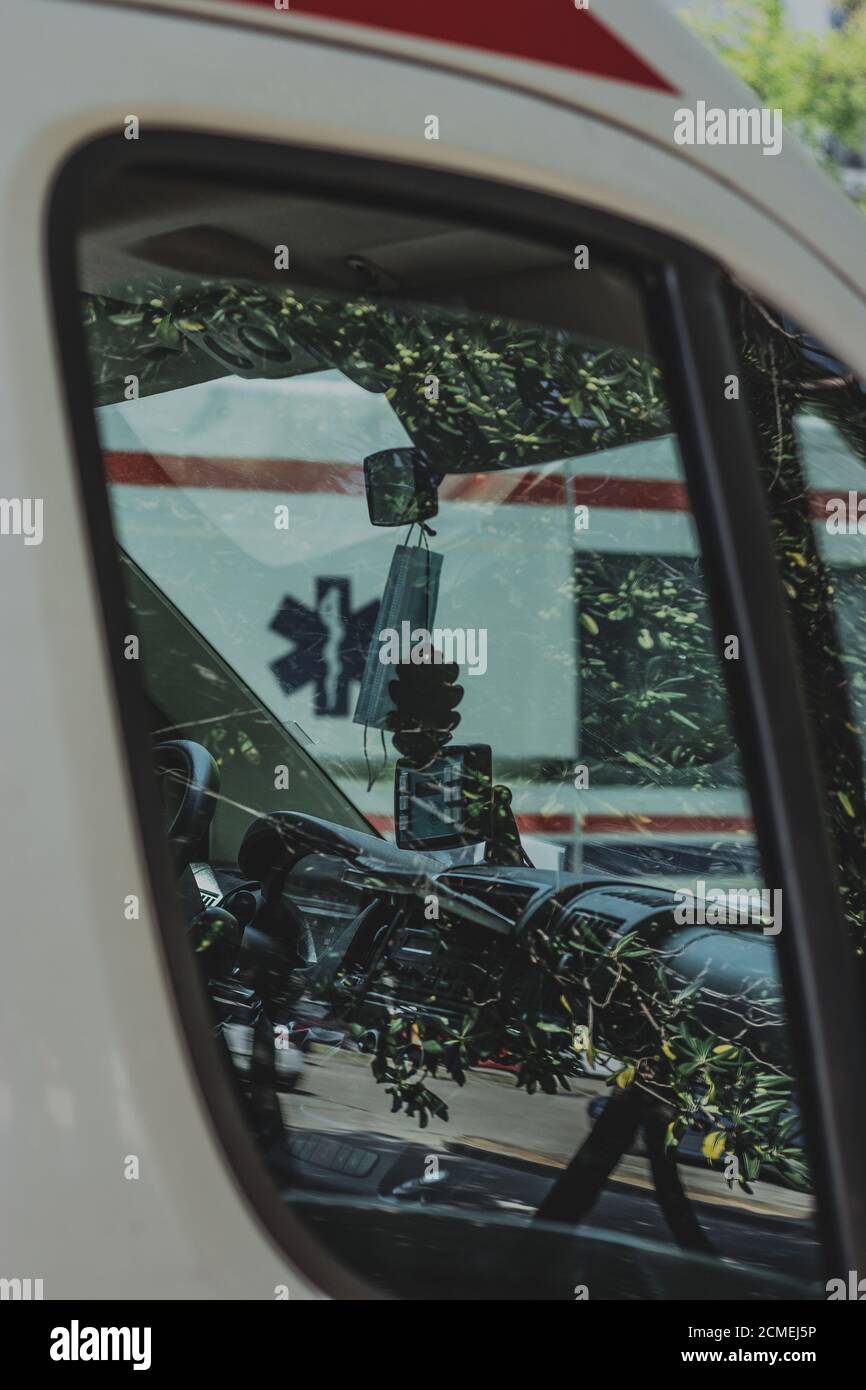 Vertical shot of an interior of an ambulance in Split, Croatia. Parked ...