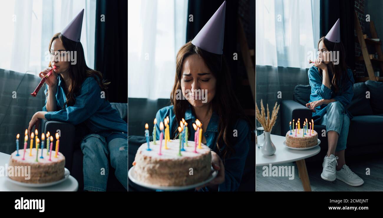 collage of sad woman blowing party horn, sitting on sofa and crying ...