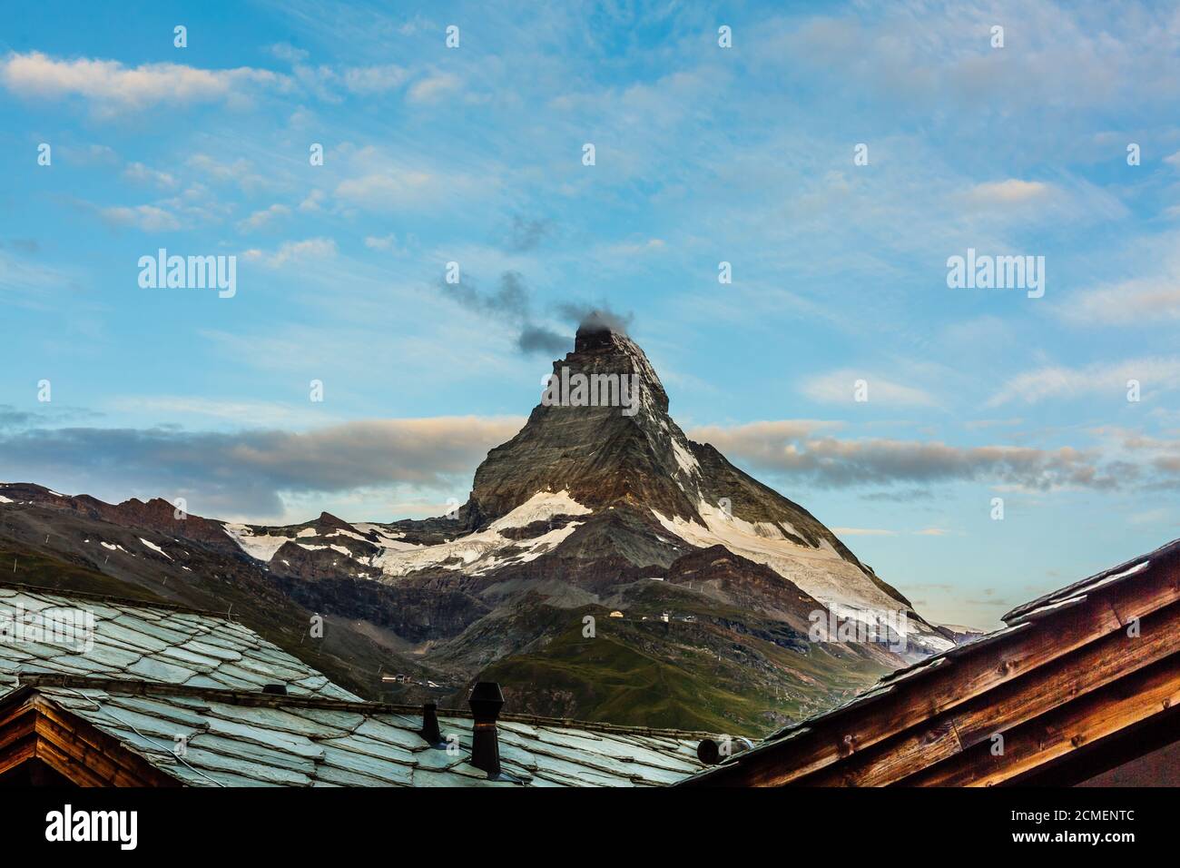 Sunny summer morning in Zermatt village with Matterhorn peak on ...