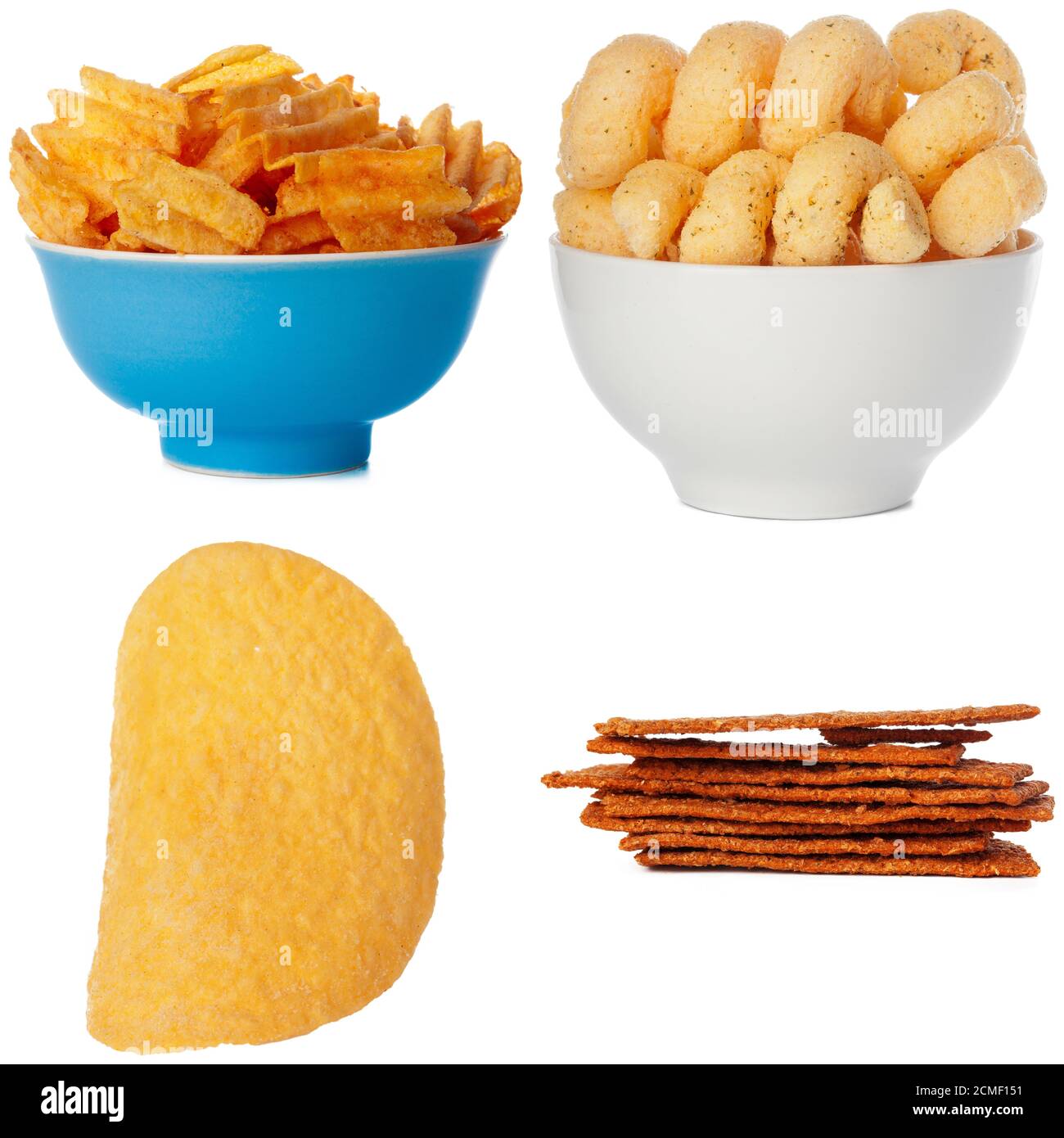 Salty snacks isolated on white background collage Stock Photo - Alamy
