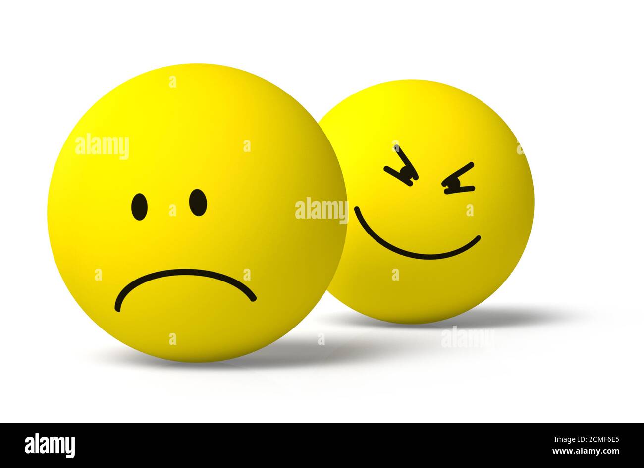 Two yellow round 3D emoji symbols sad and malicious icons together on ...