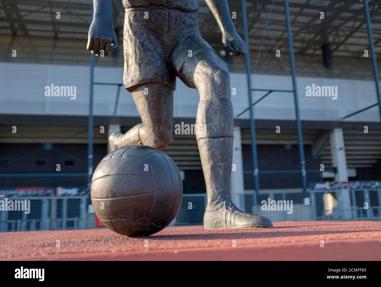Monument of Helmut Rahn (former soccer player) on the Helmut-Rahn-Platz ...