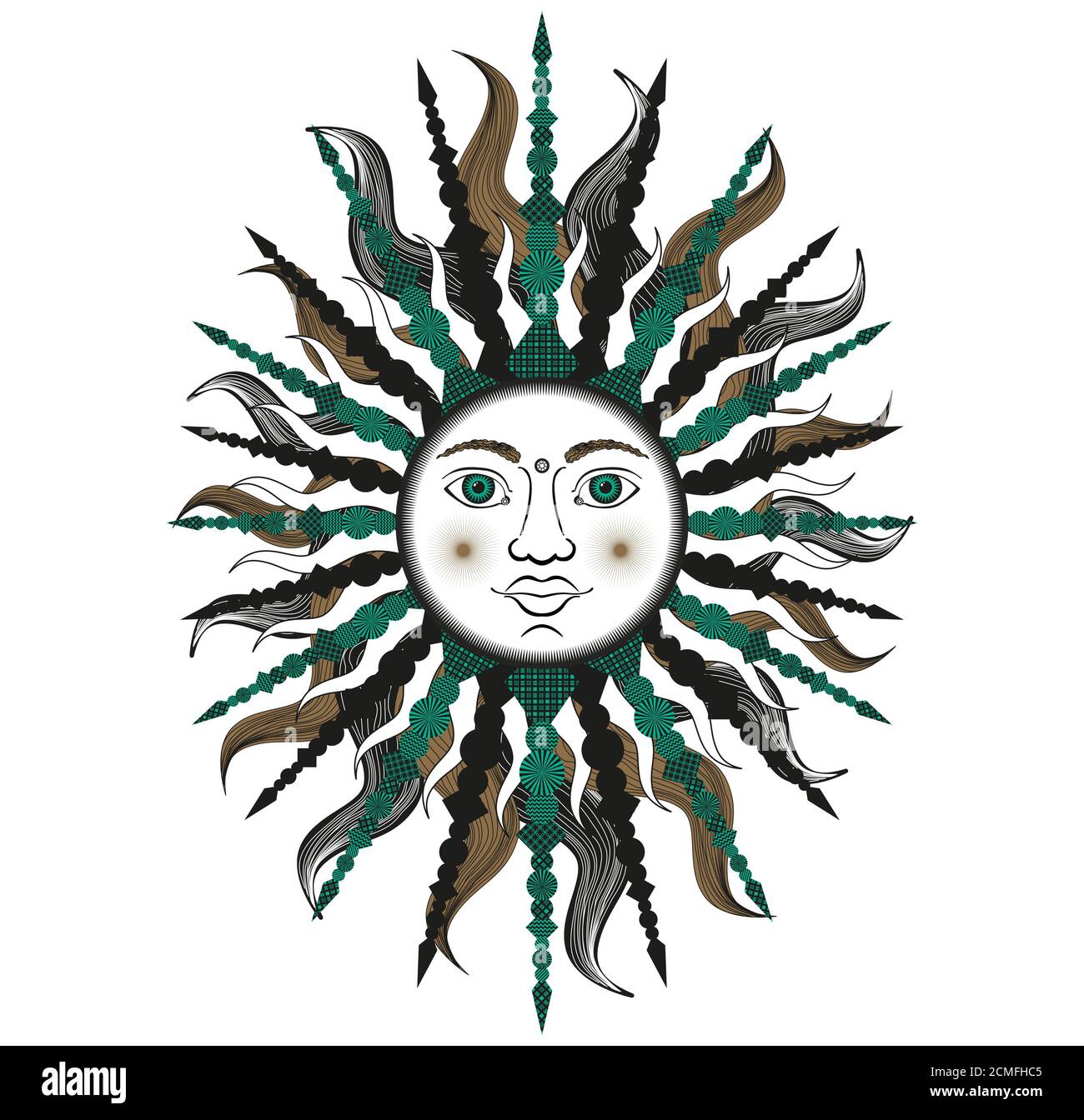 Colorful stylized sun in green and black colors. Bitmap in cheap ...