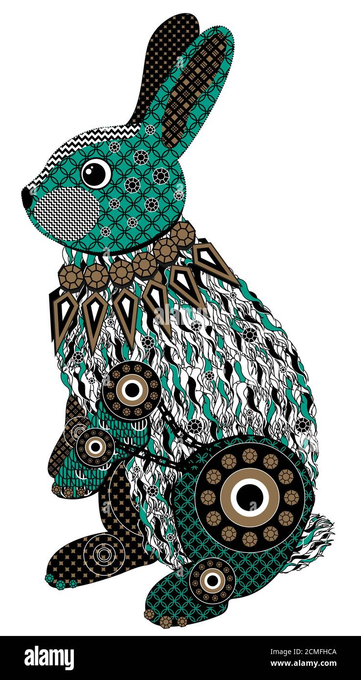 Colorful stylized rabbit in black, green and brown tones. Bitmap in ...