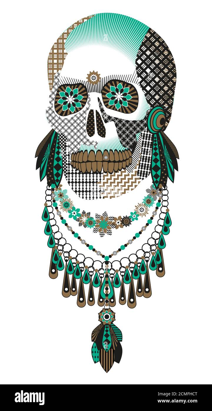 Stylized skull in green and black colors. Bitmap in cheap popular style ...