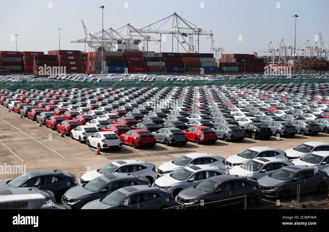 Honda cars are lined up at Southampton Docks prior to being loaded onto ...
