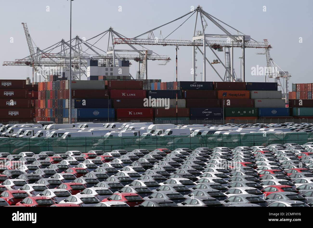 Honda cars are lined up at Southampton Docks prior to being loaded onto ...