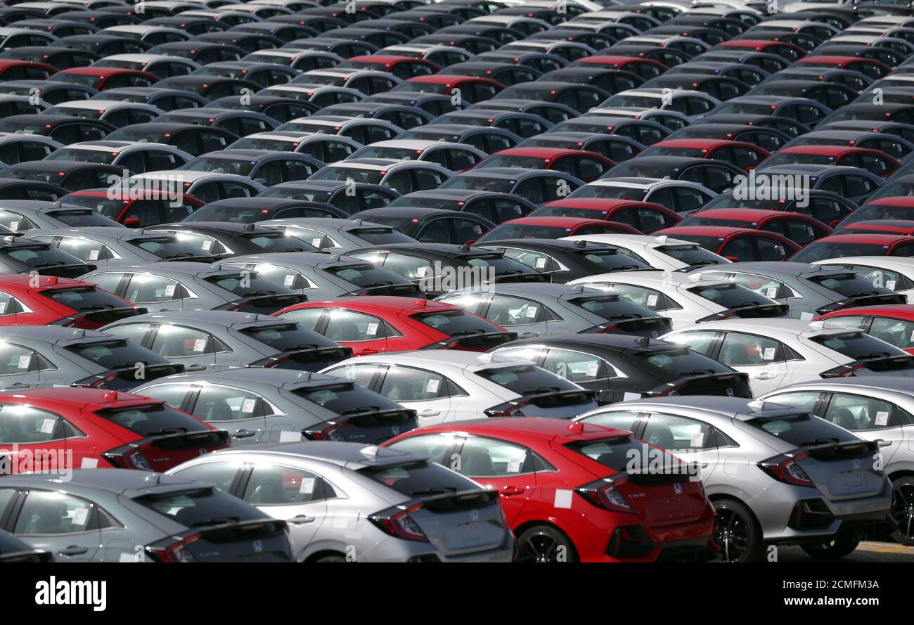 Honda cars are lined up at Southampton Docks prior to being loaded onto ...