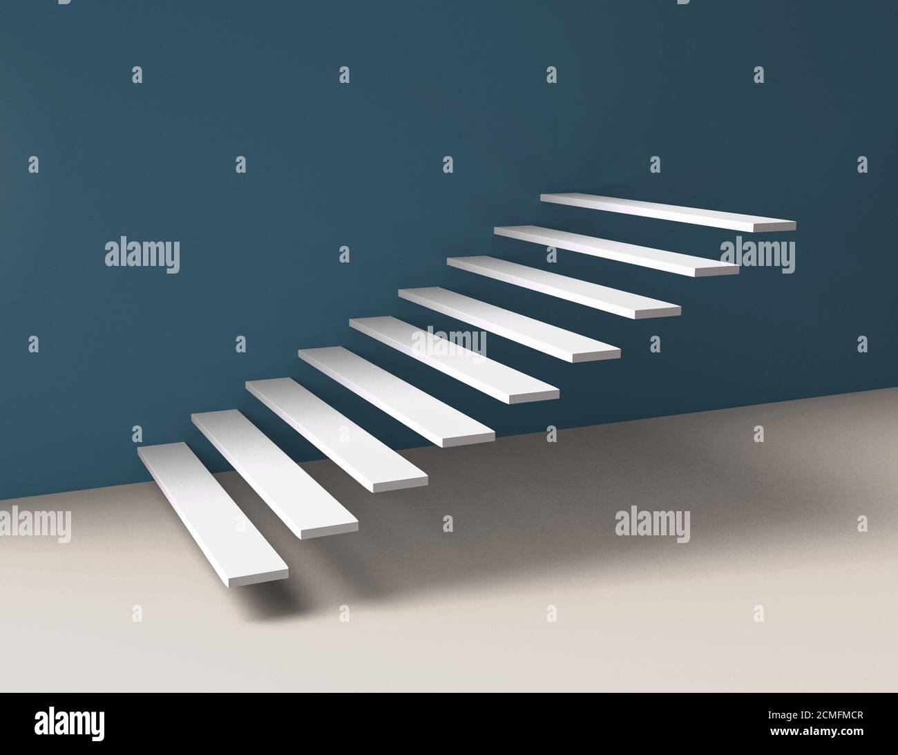 White stairs steps on gallery style wall rising upward 3D illustration ...