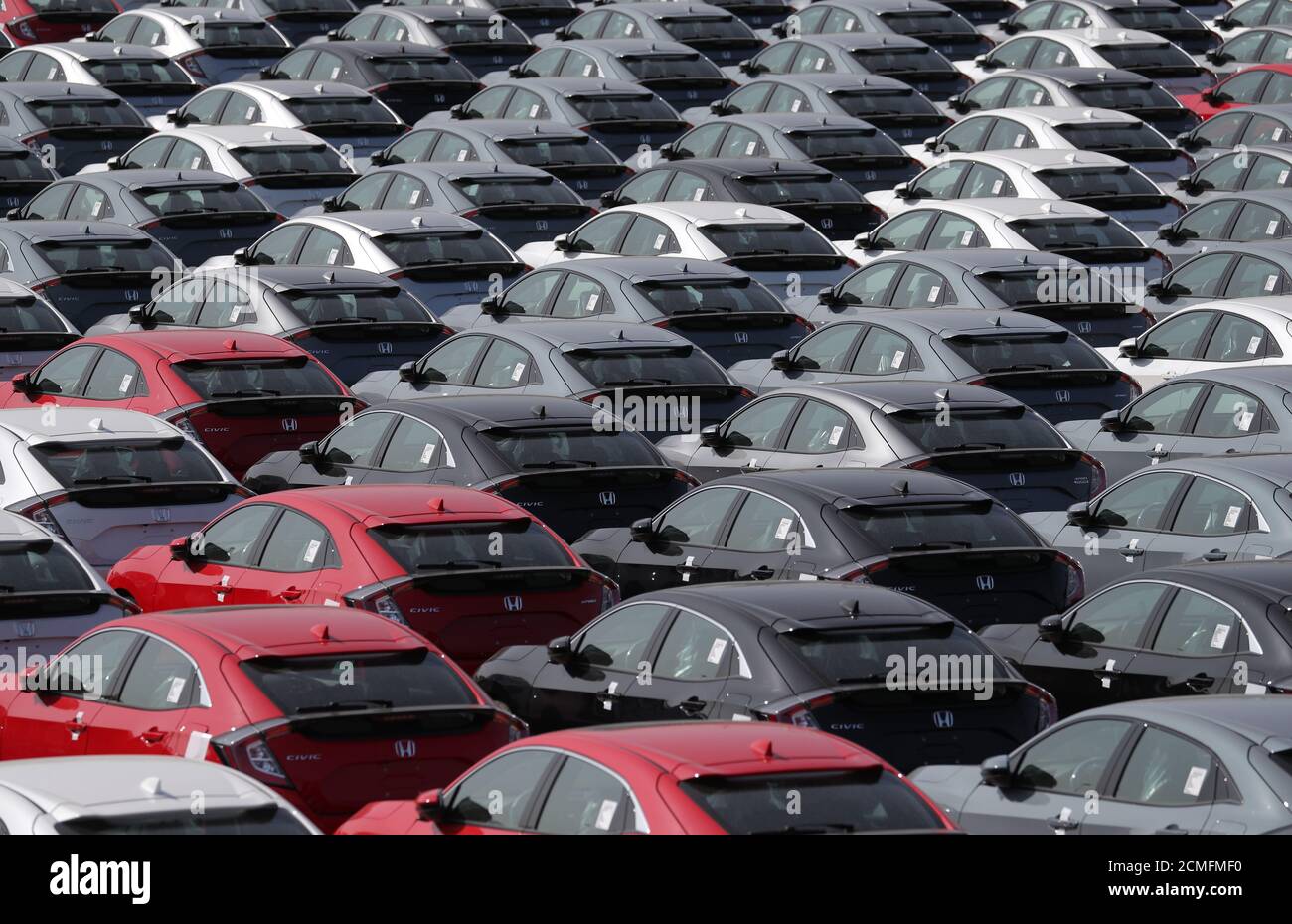 Honda cars are lined up at Southampton Docks prior to being loaded onto ...