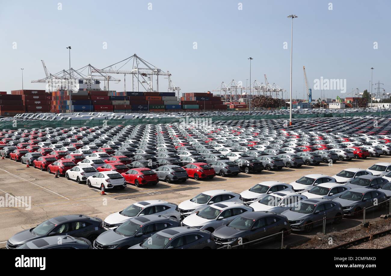 Honda cars are lined up at Southampton Docks prior to being loaded onto ...