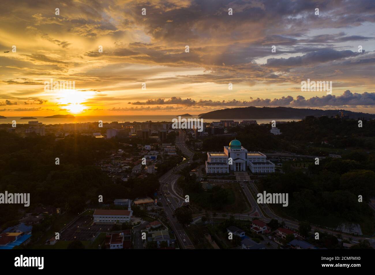 Aerial image of beautiful Kota Kinabalu City during twilight sunset on ...