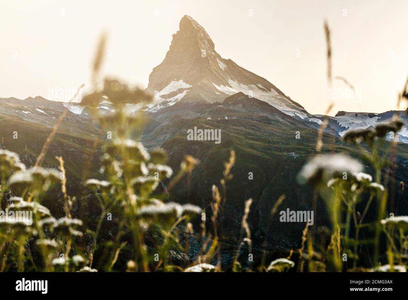 Sunny summer morning in Zermatt village with Matterhorn peak on ...