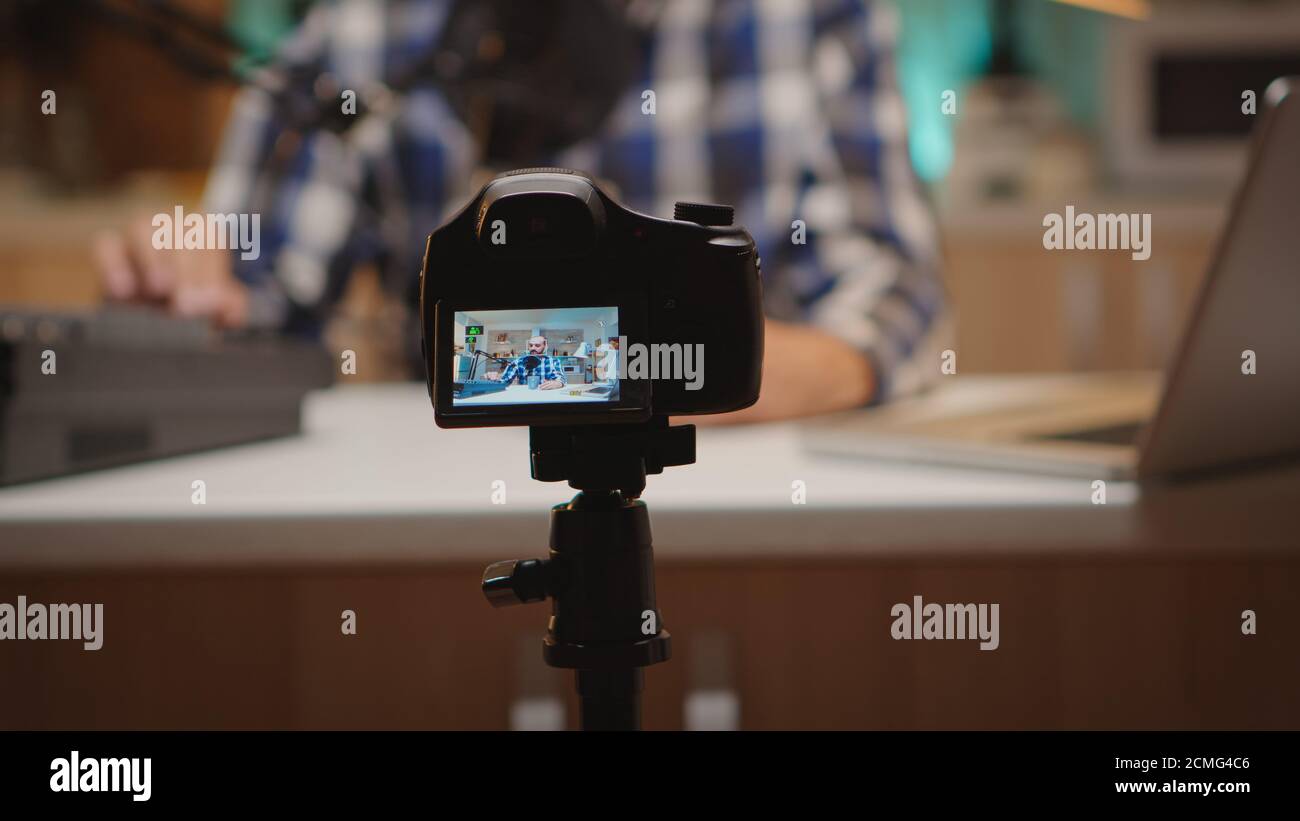 Famous influencer recording online show in home studio. Creative online ...