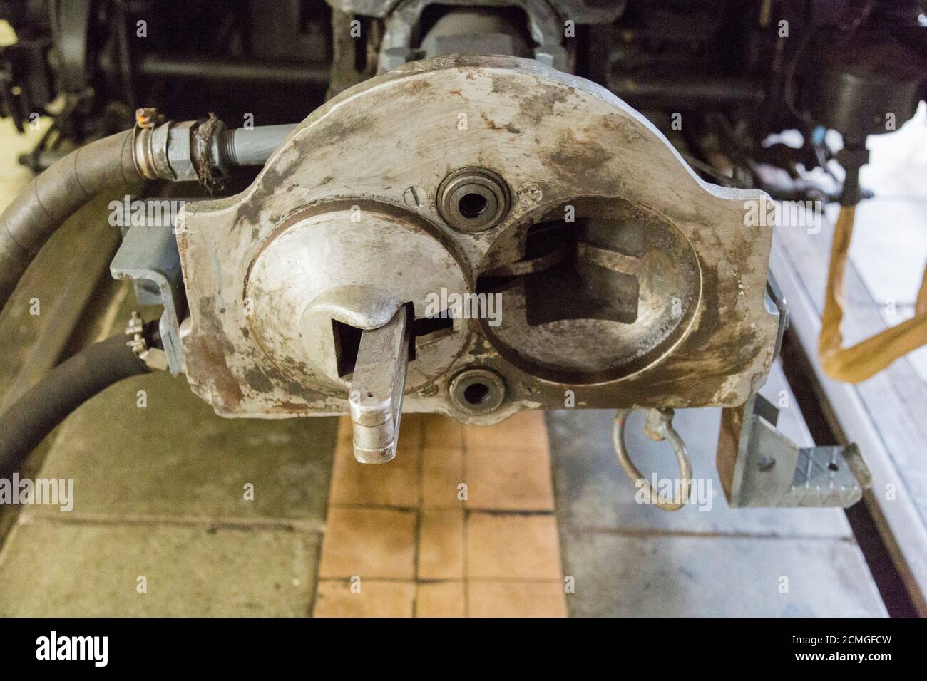 The mechanism of wagons coupling Stock Photo - Alamy