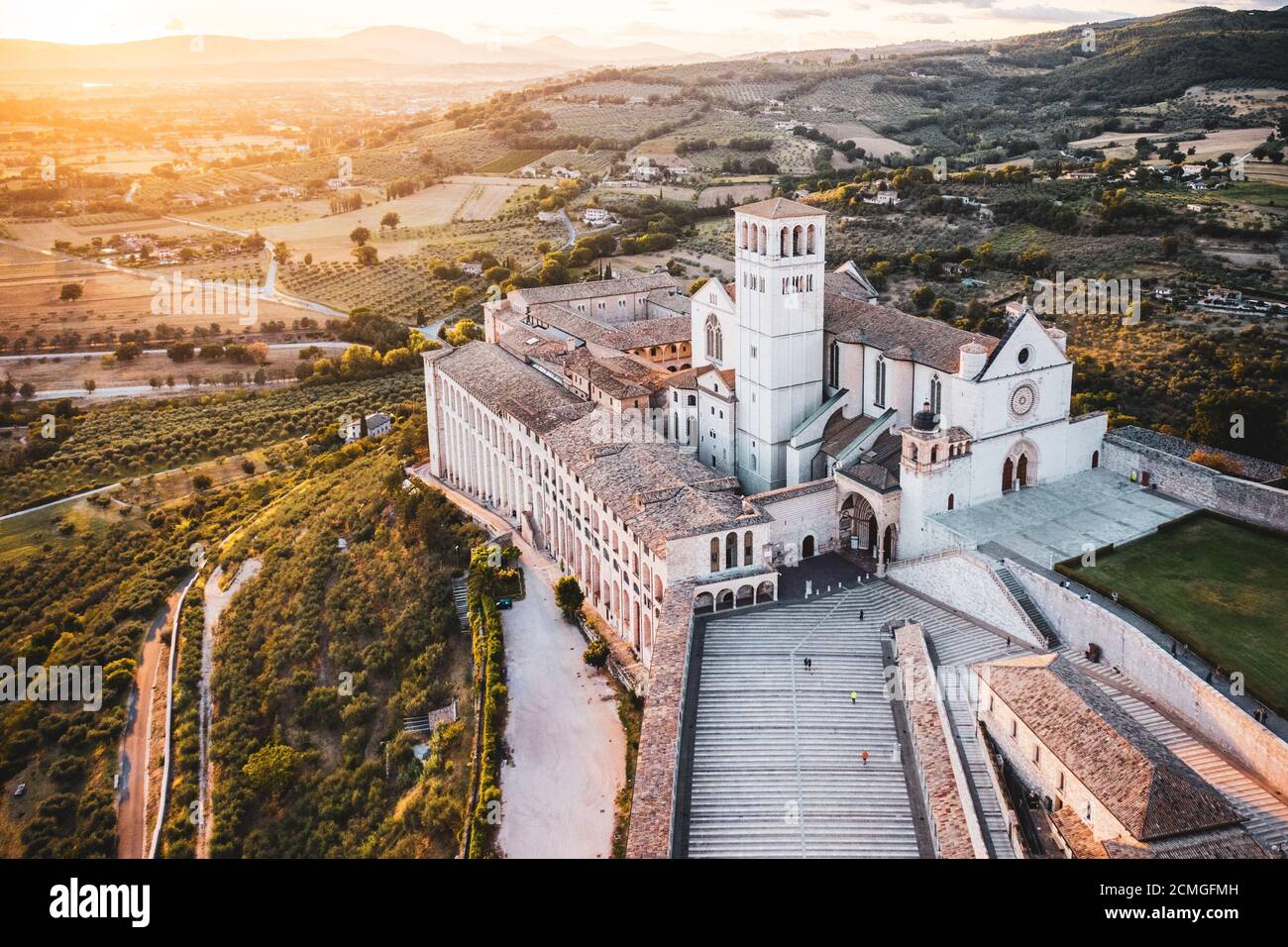 ITALY, UMBRIA, ASSISI: Aerial view of the San Francesco d’Assisi ...