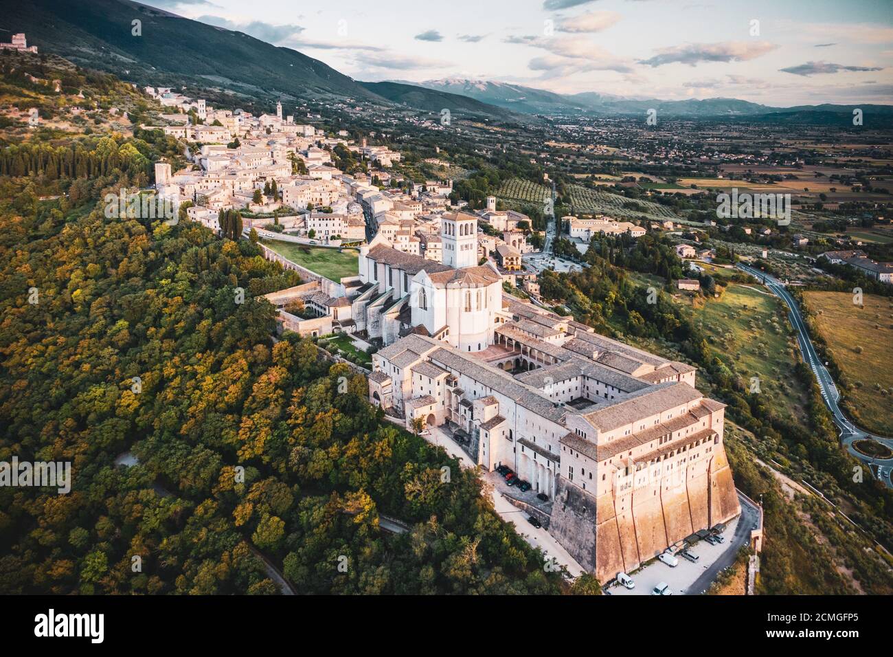 ITALY, UMBRIA, ASSISI: Aerial view of the San Francesco d’Assisi ...