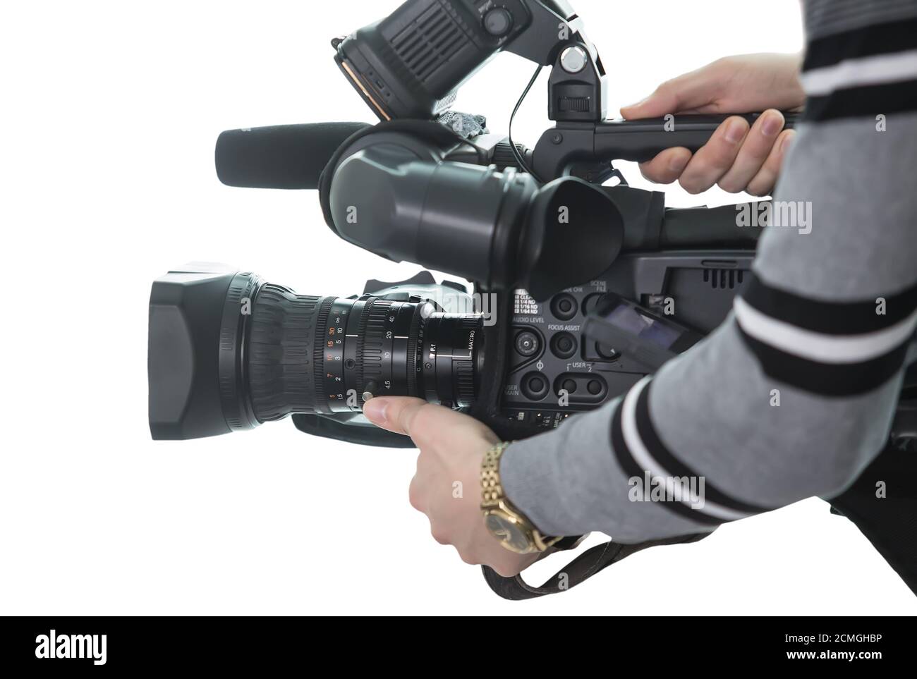 Professional camera in hand isolated on white Stock Photo - Alamy